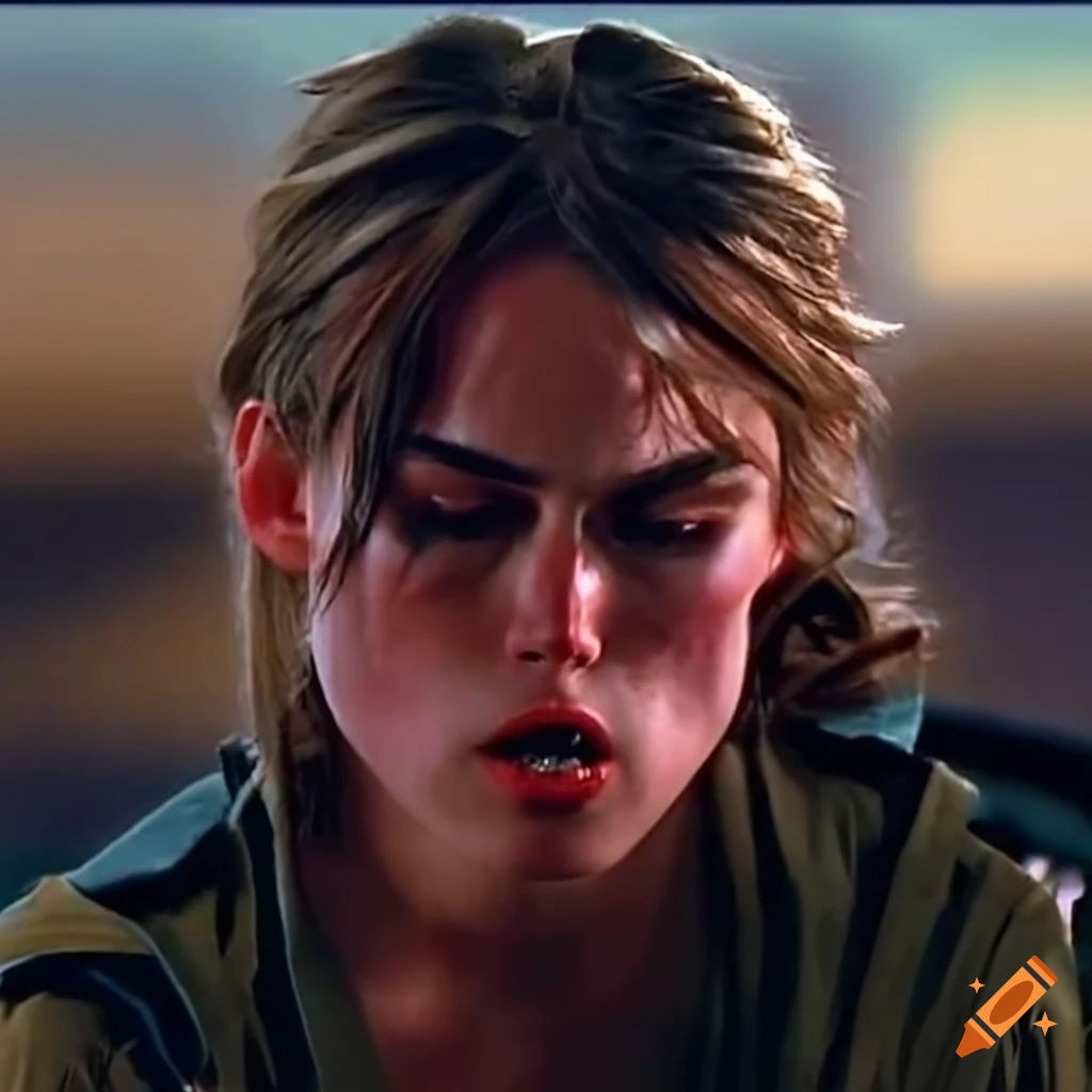 Expressive closeup of a sweat-drenched and bruised Israeli commando ...