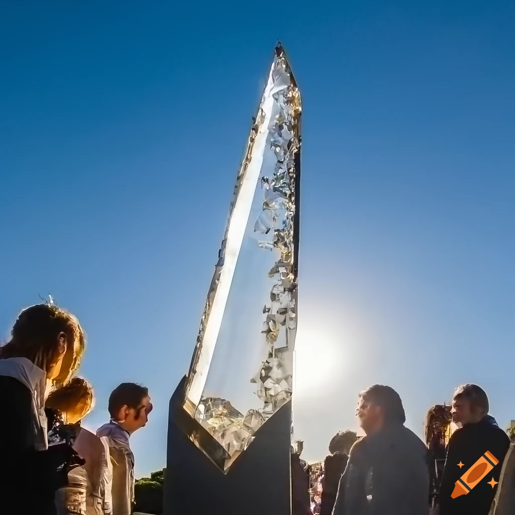 Quartz sculpture in a square with observers in raw photography on Craiyon