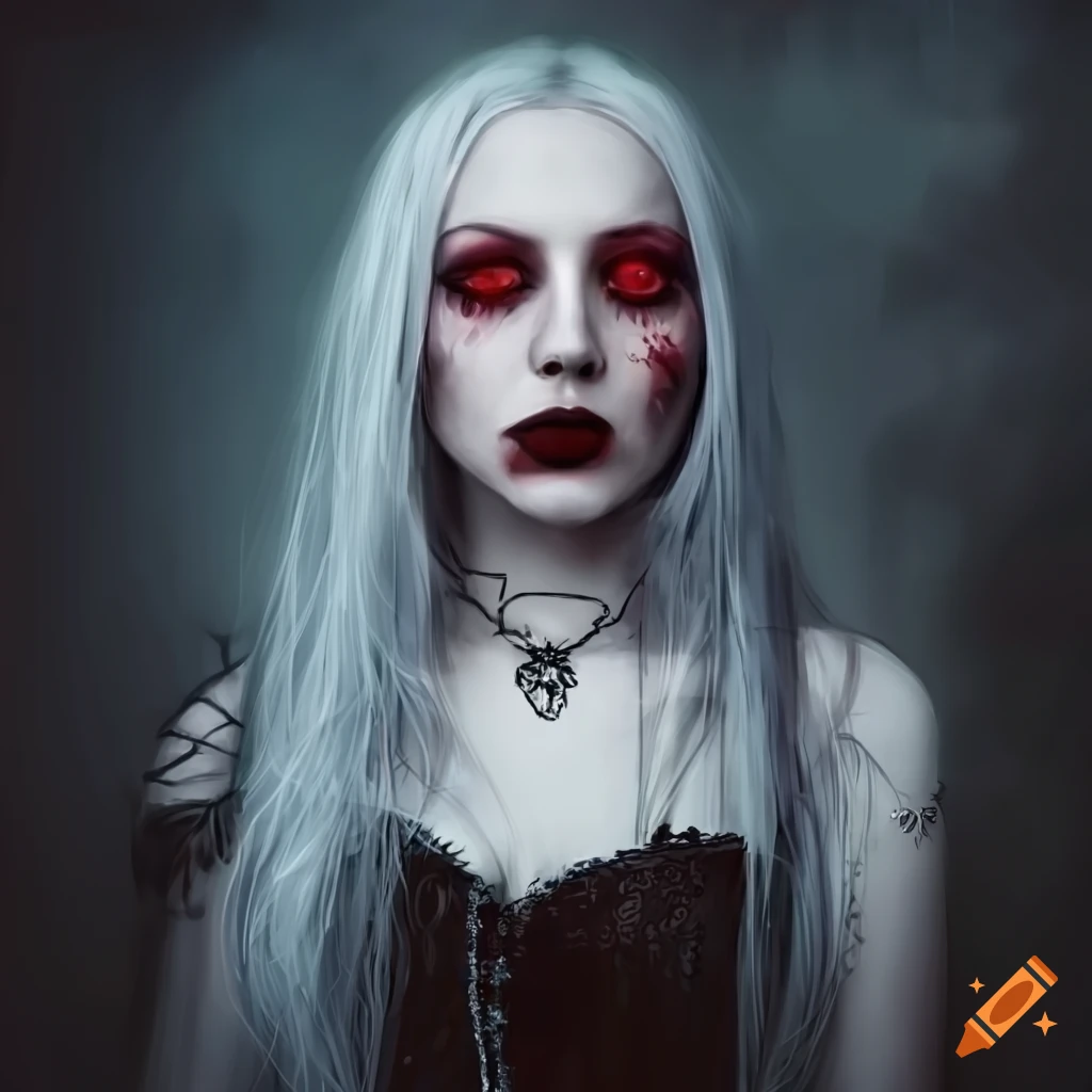 Ethereal gothic portrait of a pale female vampire with scars and red ...