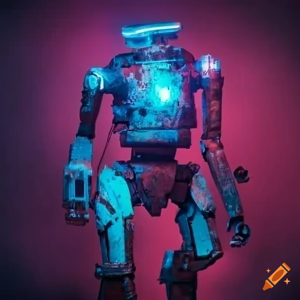 Damaged rusty mech robot with neon lights in a wasteland on Craiyon
