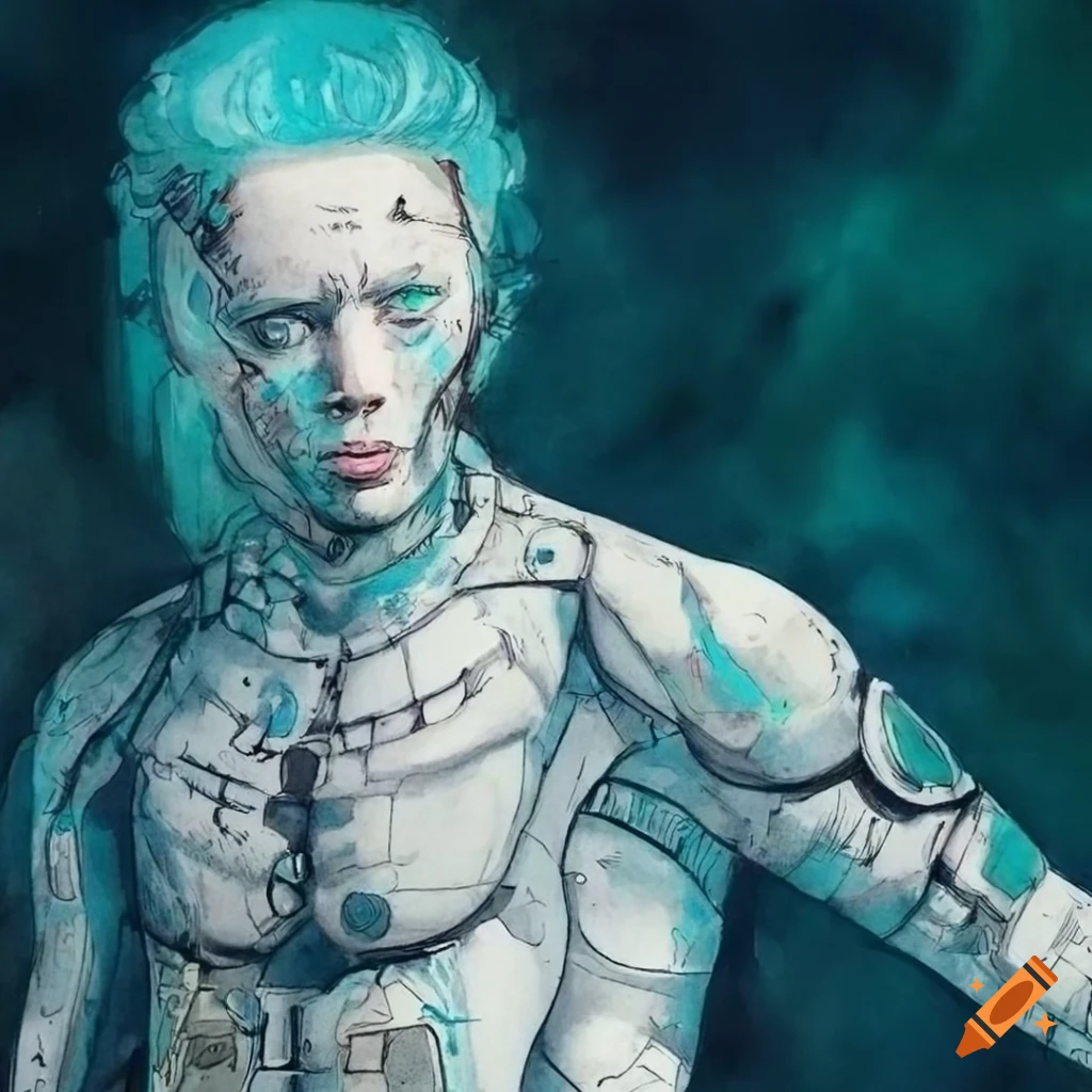 Young male cyborg in white high-tech bodysuit with light cyan hair on ...
