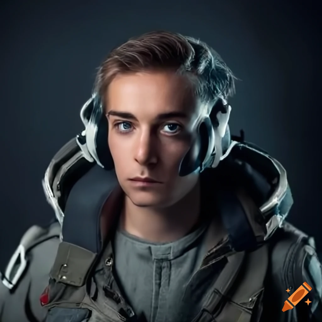 Young man pilot in a sci-fi setting under the stars on Craiyon