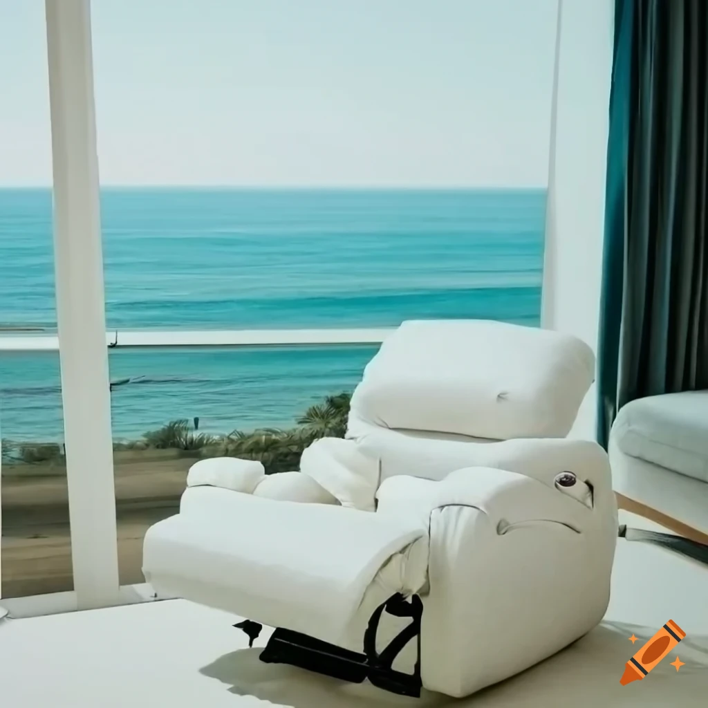 White recliner in a hotel room overlooking a beach on Craiyon