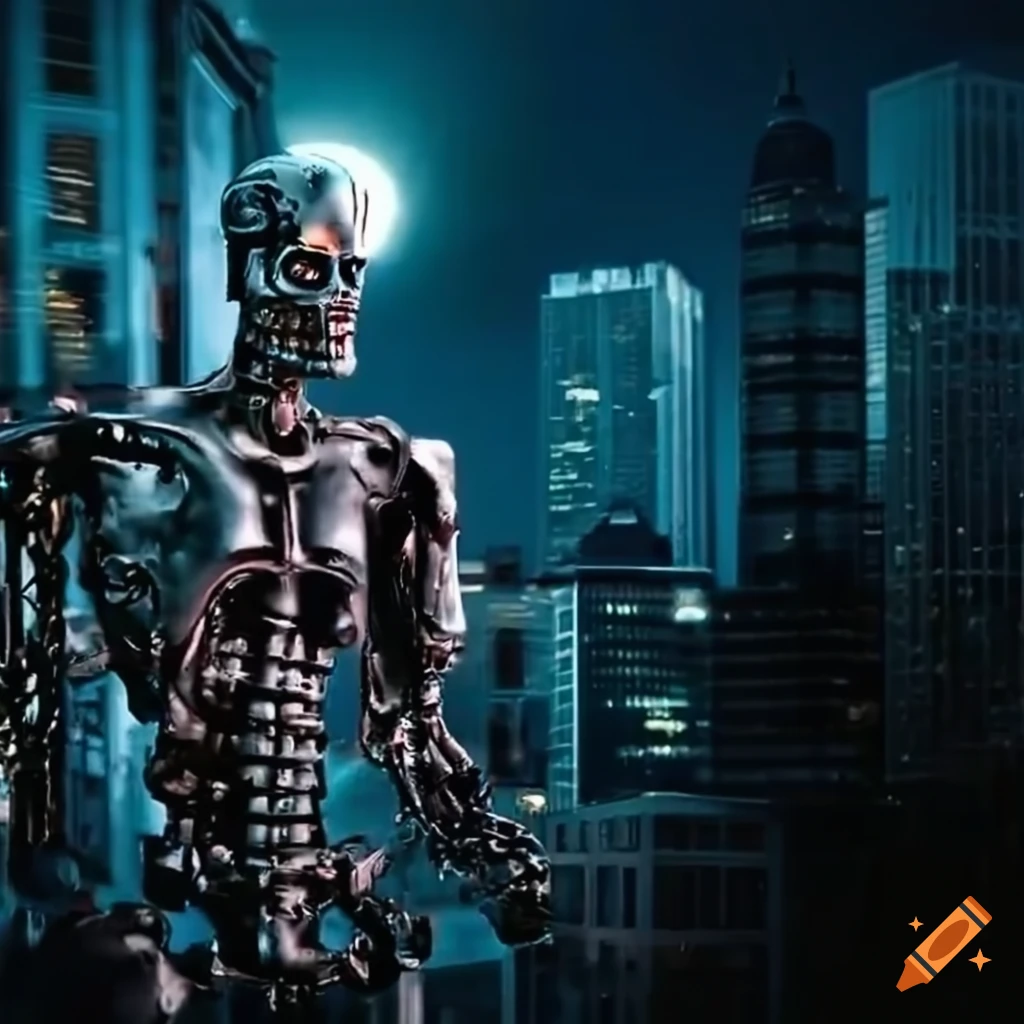 Cyborg battling a terminator in downtown chicago at night on Craiyon
