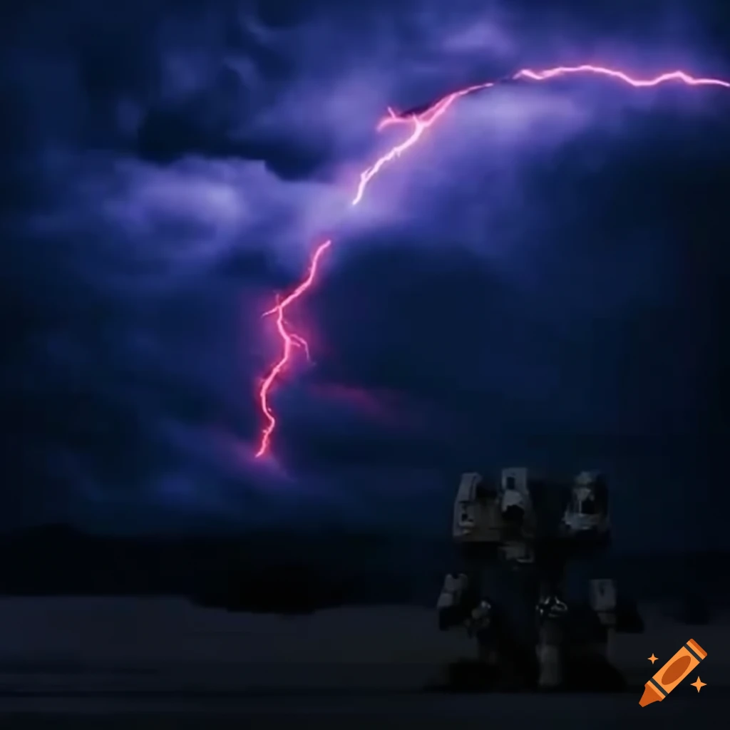 Giant mech with glowing red eye in stormy sky surrounded by dark clouds ...