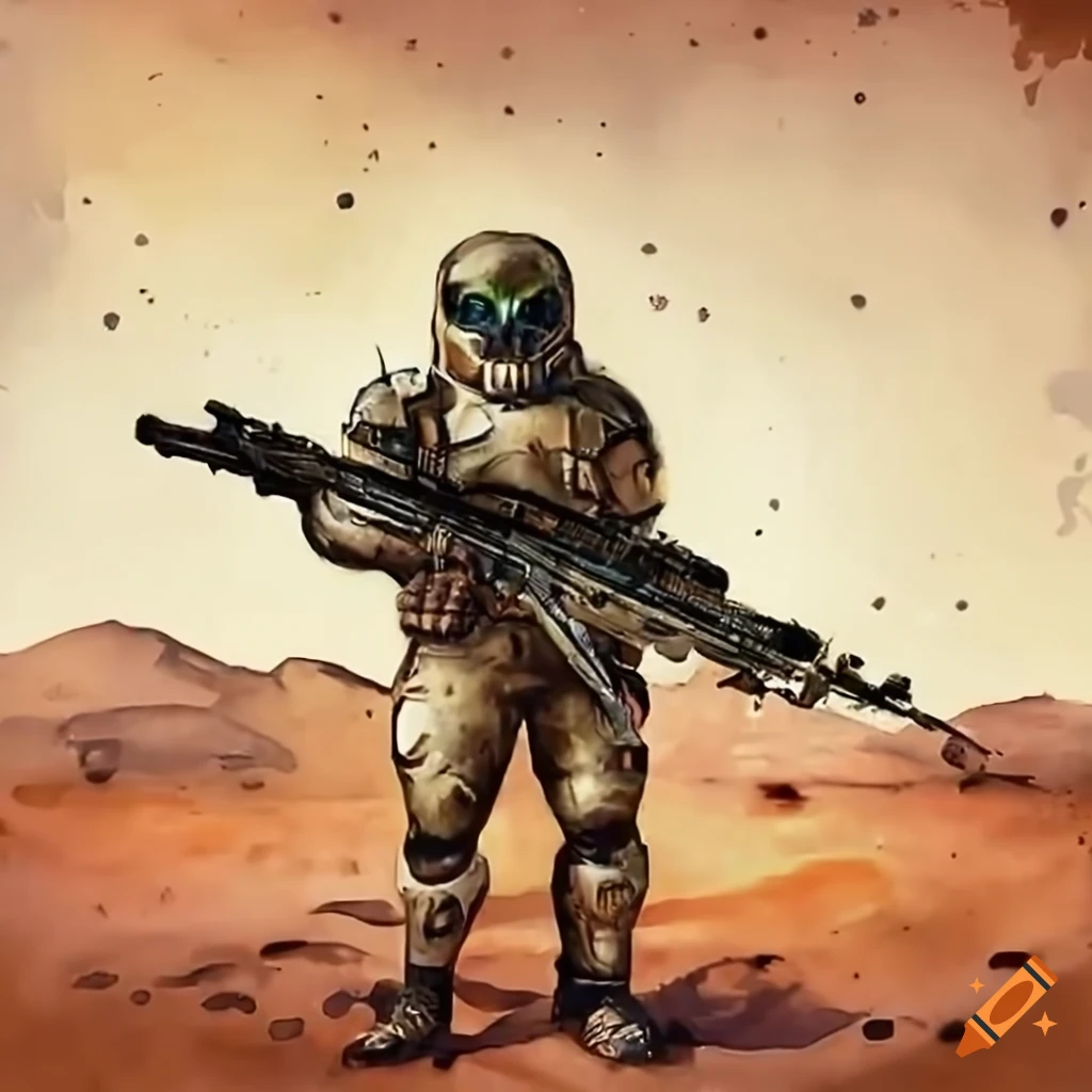 Futuristic soldiers in desert camo exploring an alien landscape on Craiyon