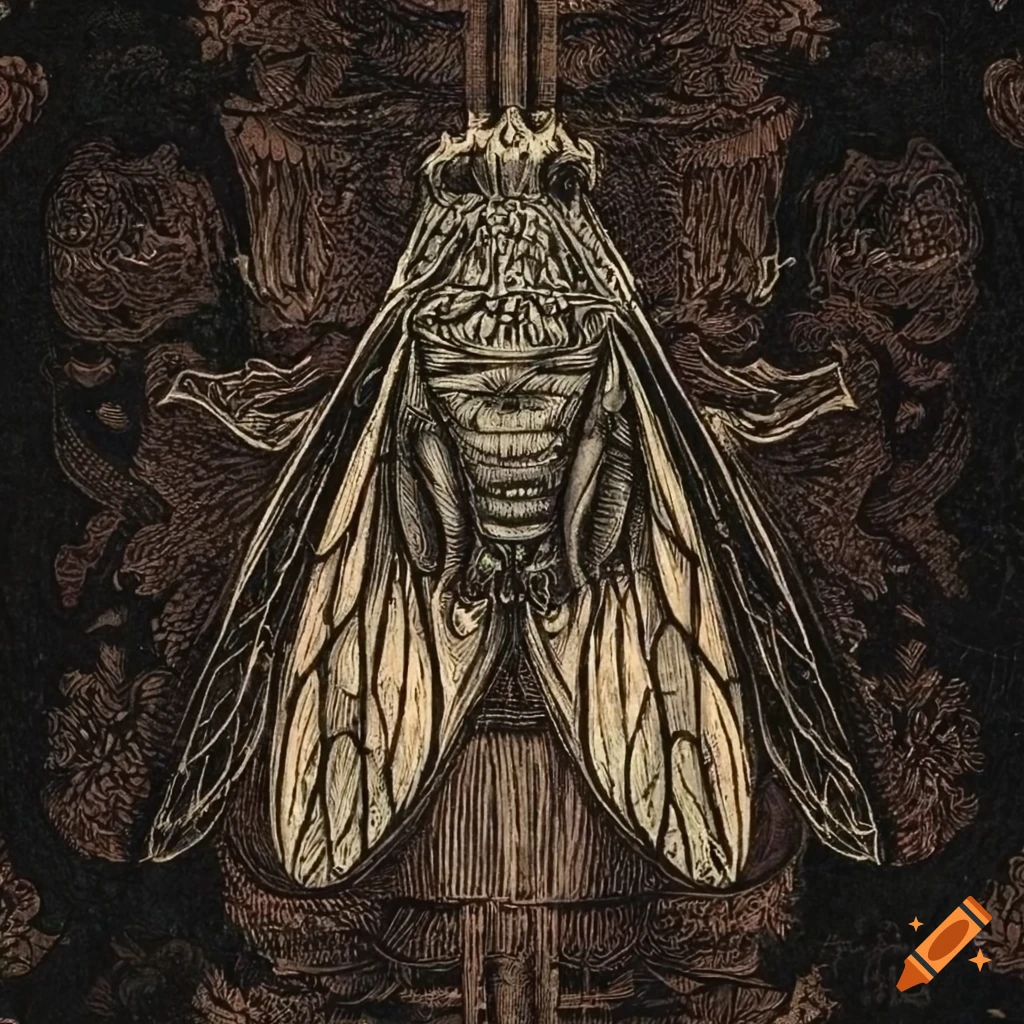 Whimsical cicada against a dark backdrop inspired by 15th-century ...