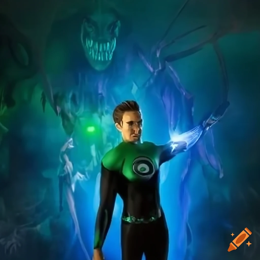 Actor Glen Powell portraying a Timelord Dr. Who flying in a green ...