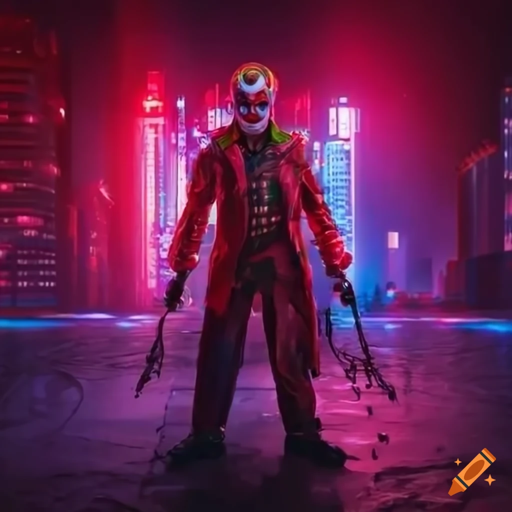 Joker cyborg in sci-fi city with neon lights on Craiyon