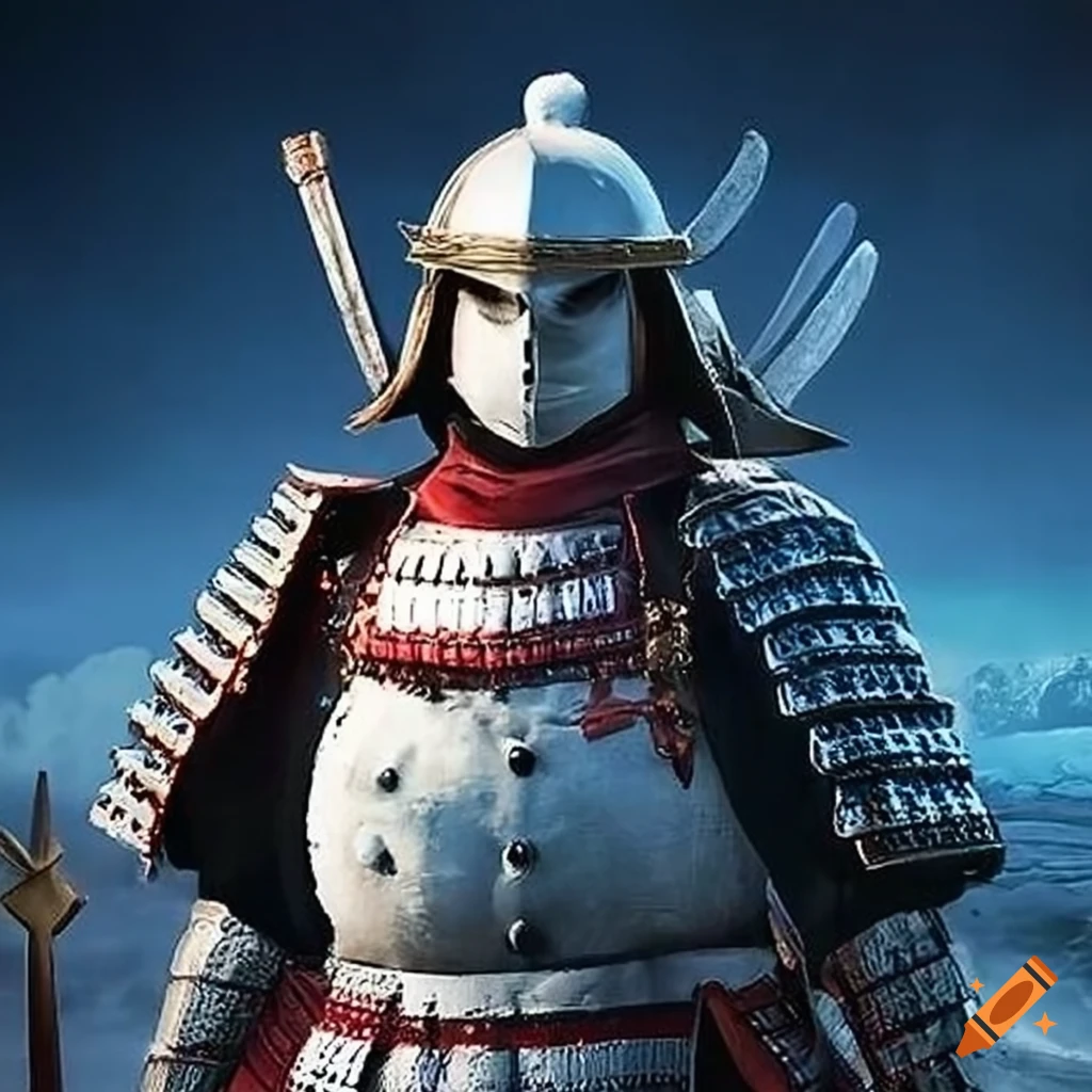 Samurai armored snowman knight with a buffalo helm at the seaside on ...