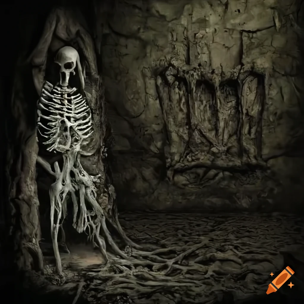 Dark fantasy scene of a skeleton half-buried in dungeon wall with lush ...