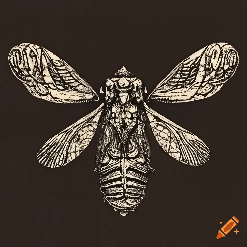 Whimsical symmetrical cicada in 15th-century German printmaking style ...