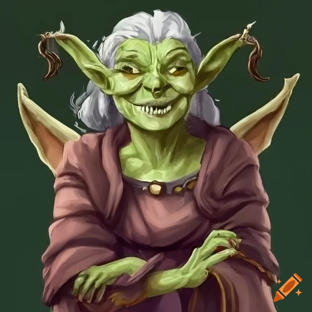 Quirky smiling old goblin lady in a DND art style on Craiyon
