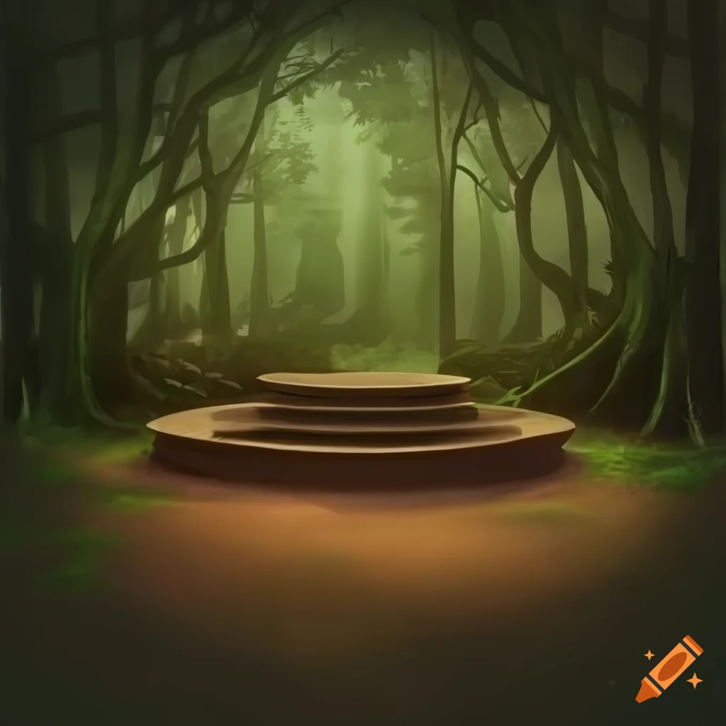 Forest copse by the lakeside with a tree branch podium in a fantasy ...