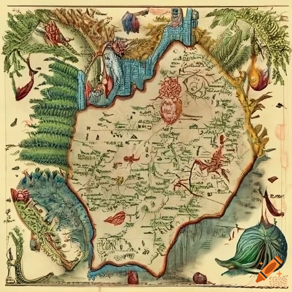 Intricately illustrated medieval map with exotic plants and animals on ...