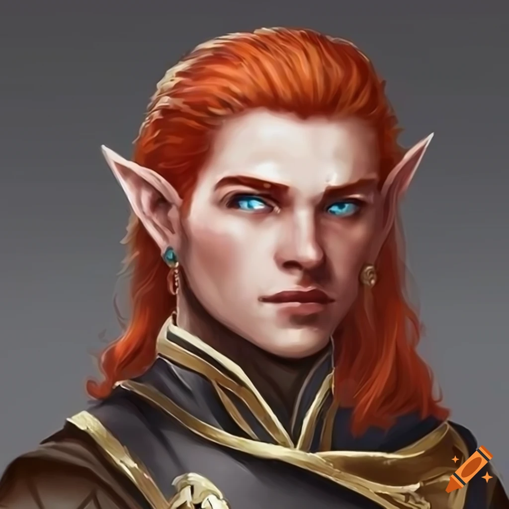 Half-elf male with red long hair in guard captain uniform on Craiyon