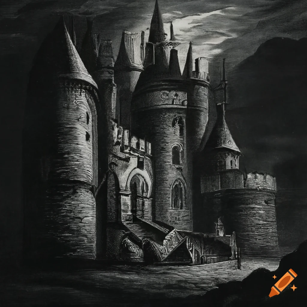 18th century lithograph of a gothic castle at night on Craiyon