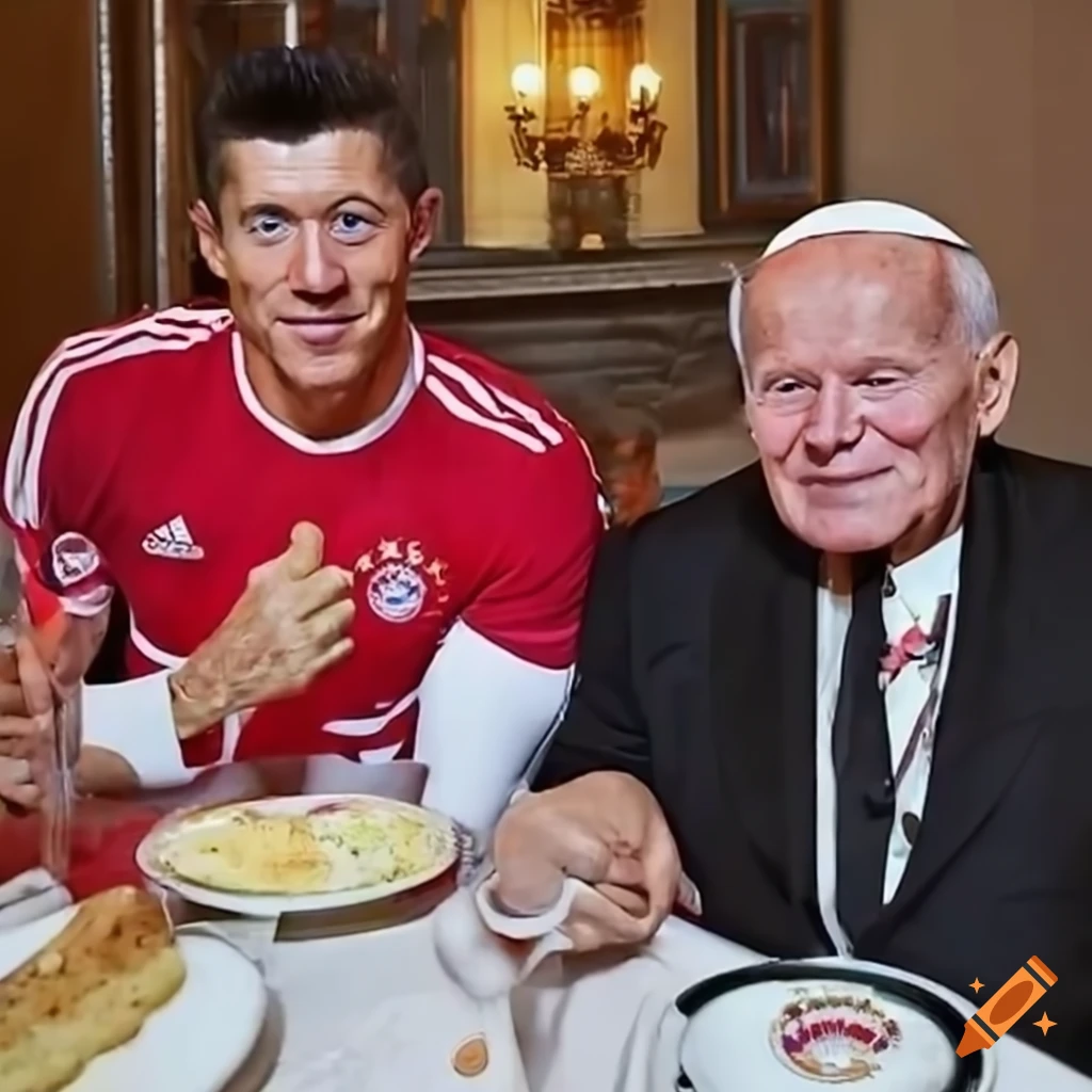 Robert Lewandowski sharing a meal with Pope John Paul II on Craiyon