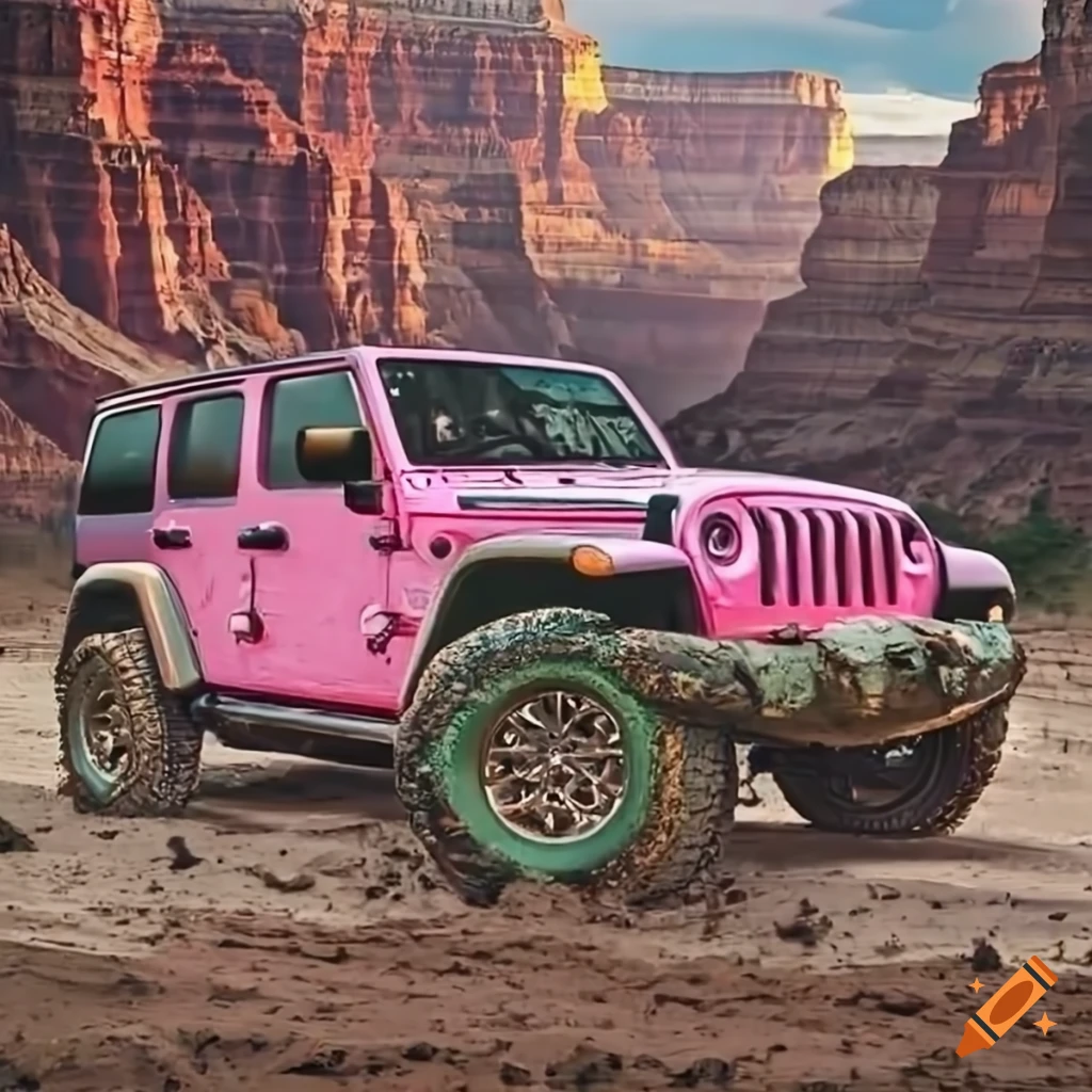 Pink muddy jeep wrangler at the bottom of grand canyon on Craiyon