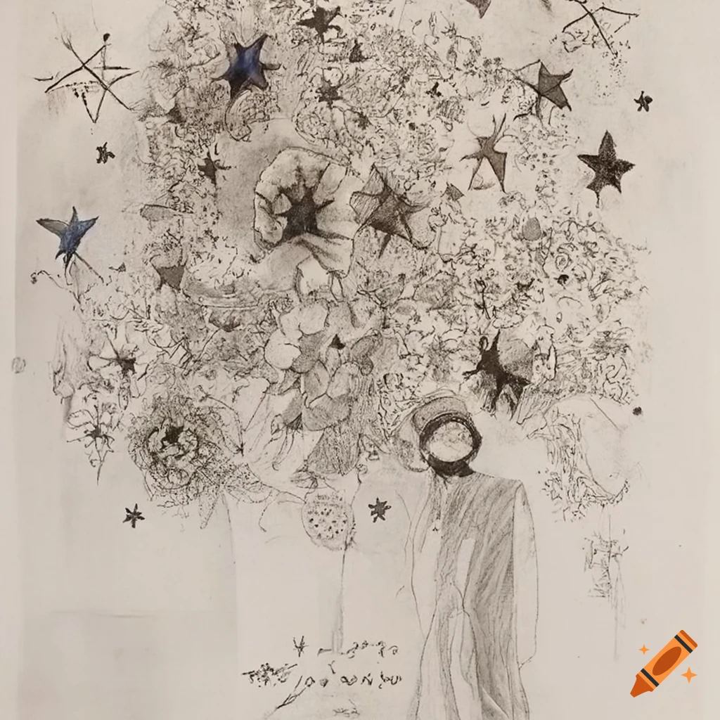 Drawing by Cy Twombly of celestial stars and intricate flowers on Craiyon