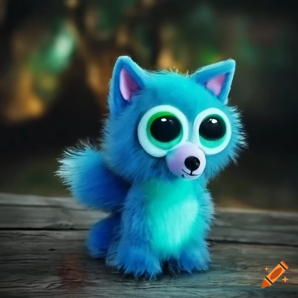 Crafty wolf art toy with big glowing blue eyes hidden behind a tree on ...