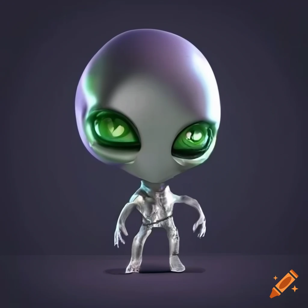 Chibi 3D alien character holding a reflective tin foil on Craiyon