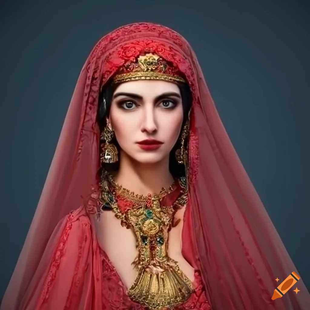 Woman in red off-shoulder blouse inspired by ancient Middle Eastern ...