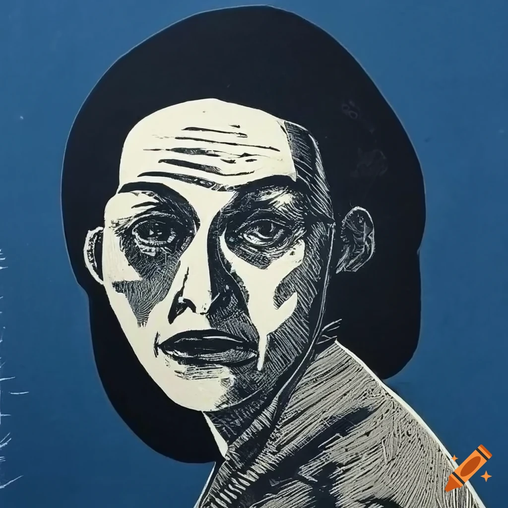 Bold linocut portrait in linear style on Craiyon
