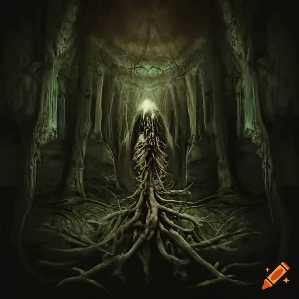 Giant skeleton emerging from crypt surrounded by roots and leaves in a ...