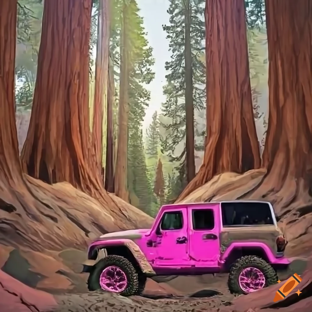 Giant sequoia tree with a pink jeep at its base in a detailed panorama ...