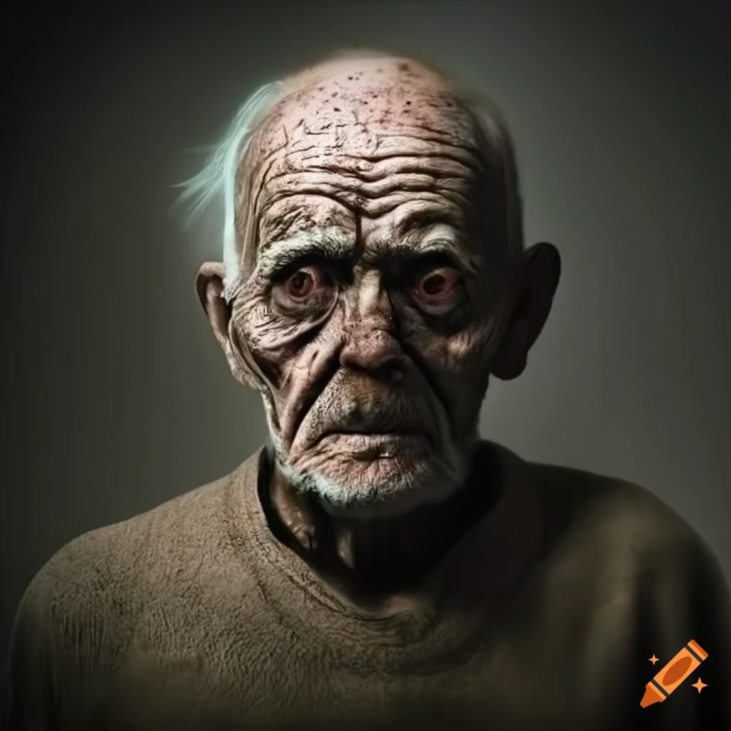 Spooky detailed portrait of an old man's face in a dimly lit room on ...