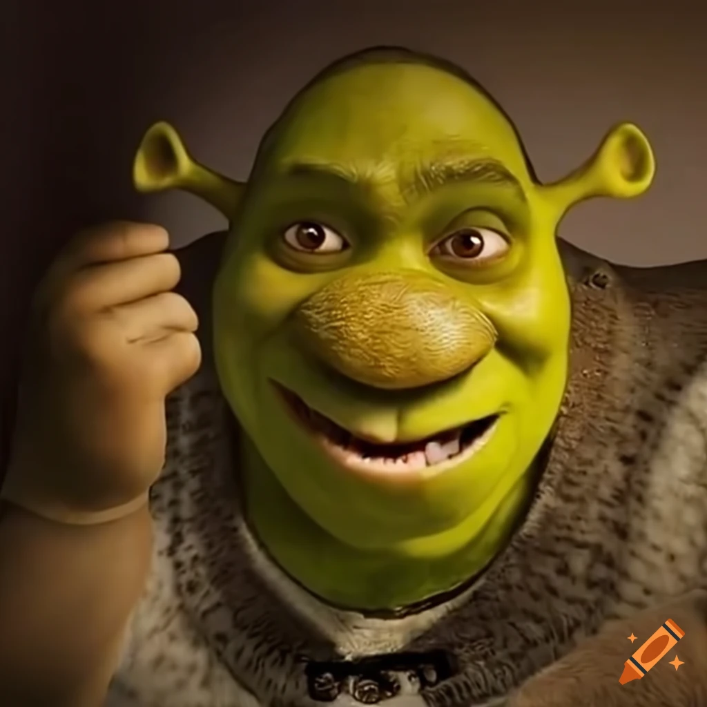 Shrek showing teeth to an egg delivery man on Craiyon