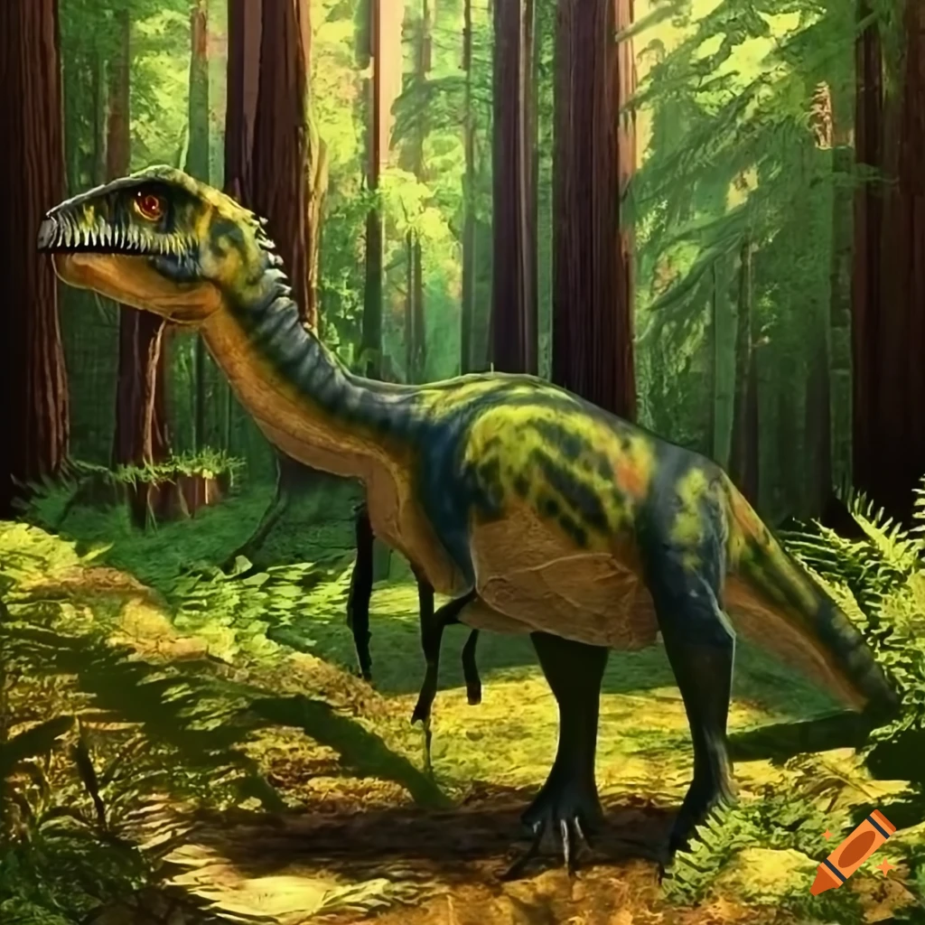 Hypsilophodon dinosaurs in a sunny clearing with fern undergrowth and ...