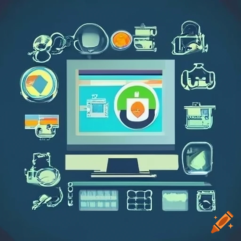 Vibrant illustration of core seo elements with a serp on a computer monitor on Craiyon