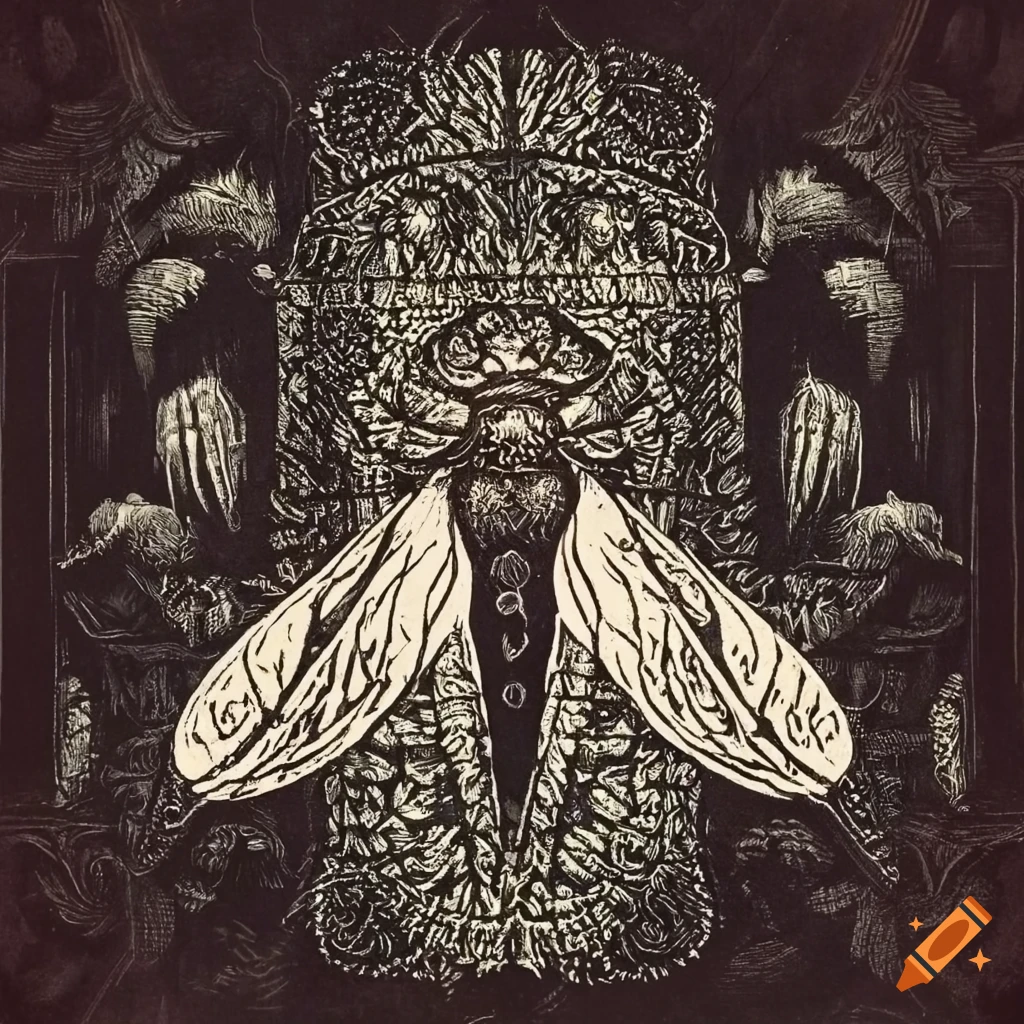 Whimsical cicada against a dark backdrop inspired by 15th-century ...
