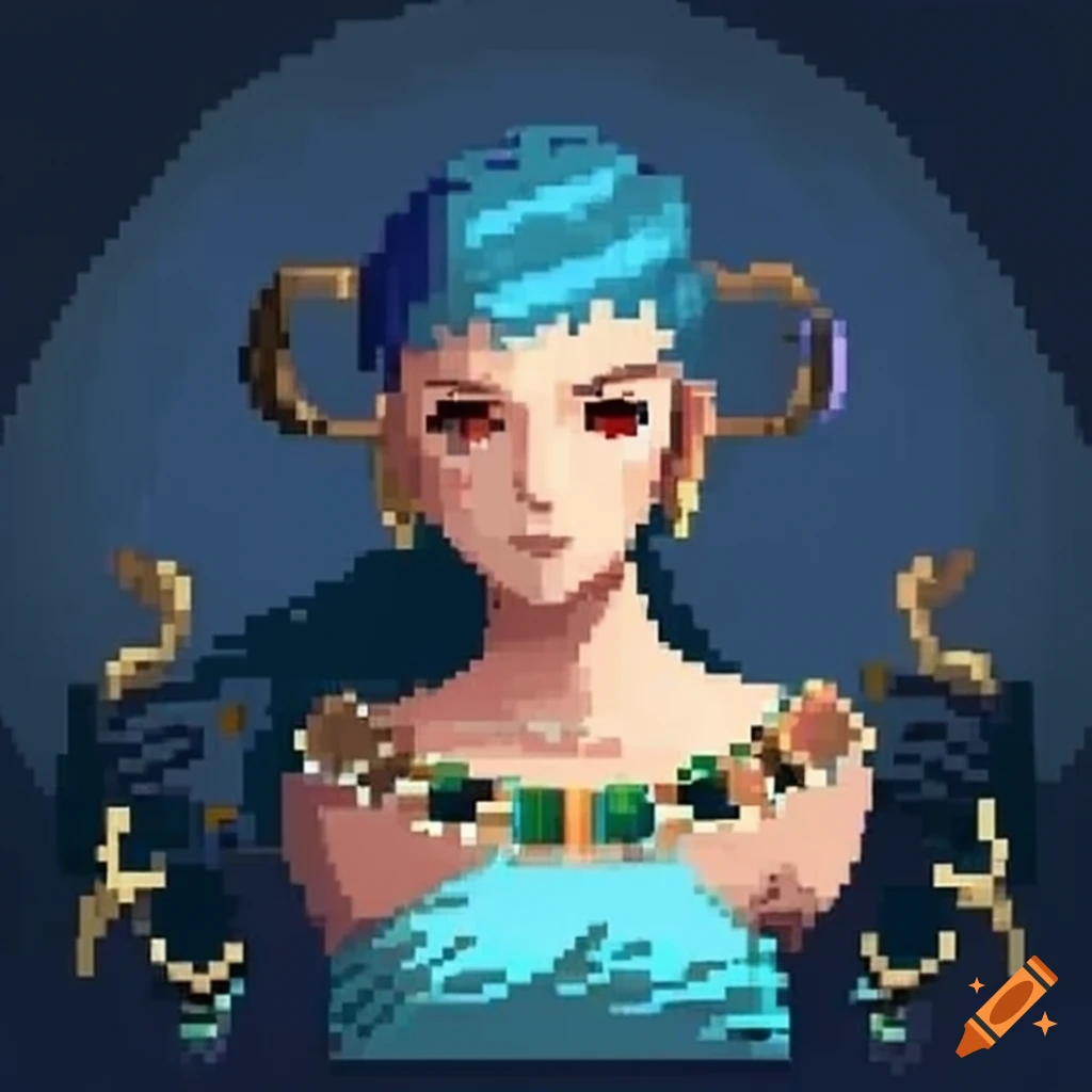 Pixel character inspired by the style of rune factory 4, depicting a tan-skinned girl with blue ...