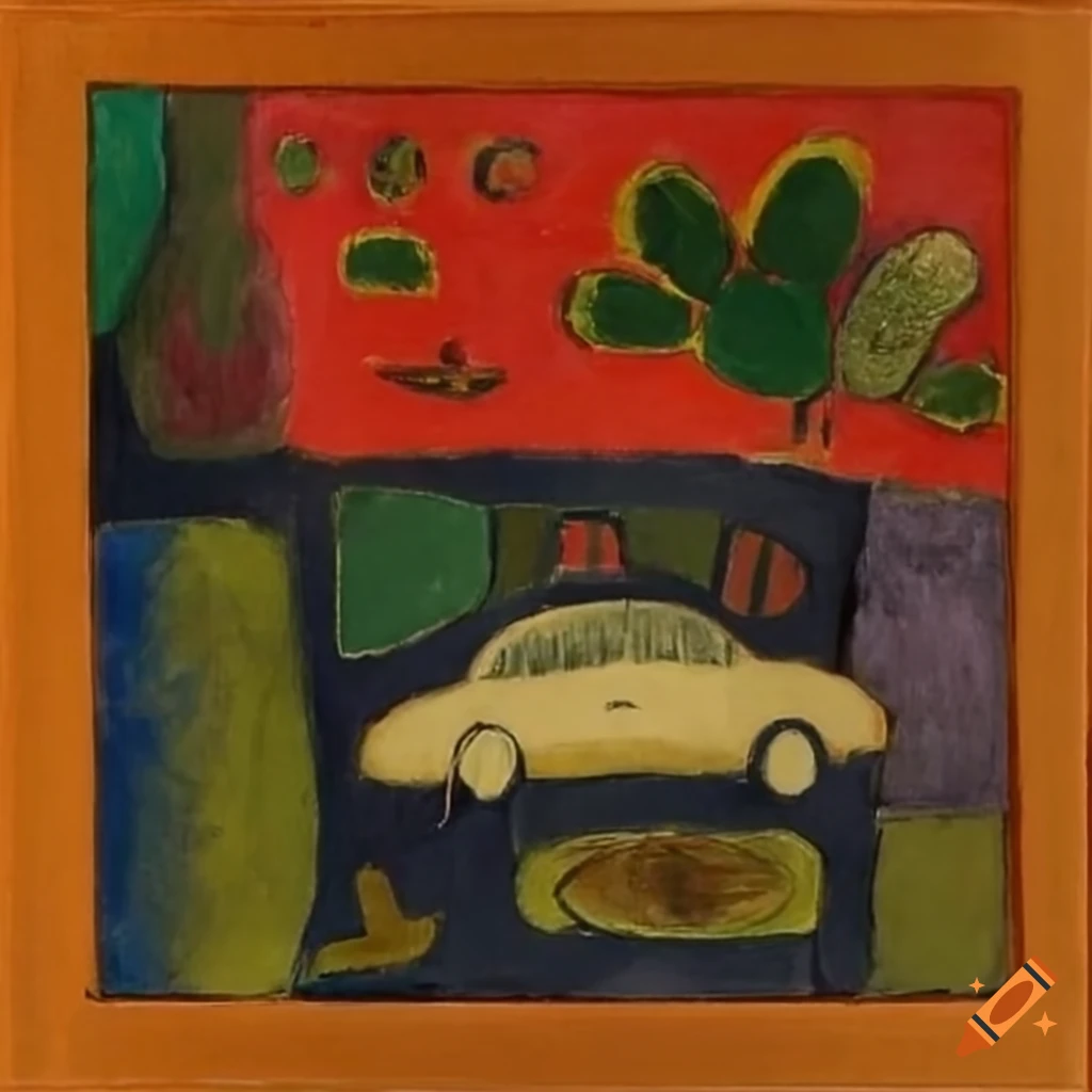 Car near a pond with ducks in the style of Horace Pippin, Paul Klee ...