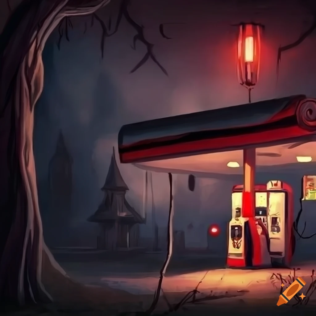 Gas station in the night with a horror art style on Craiyon