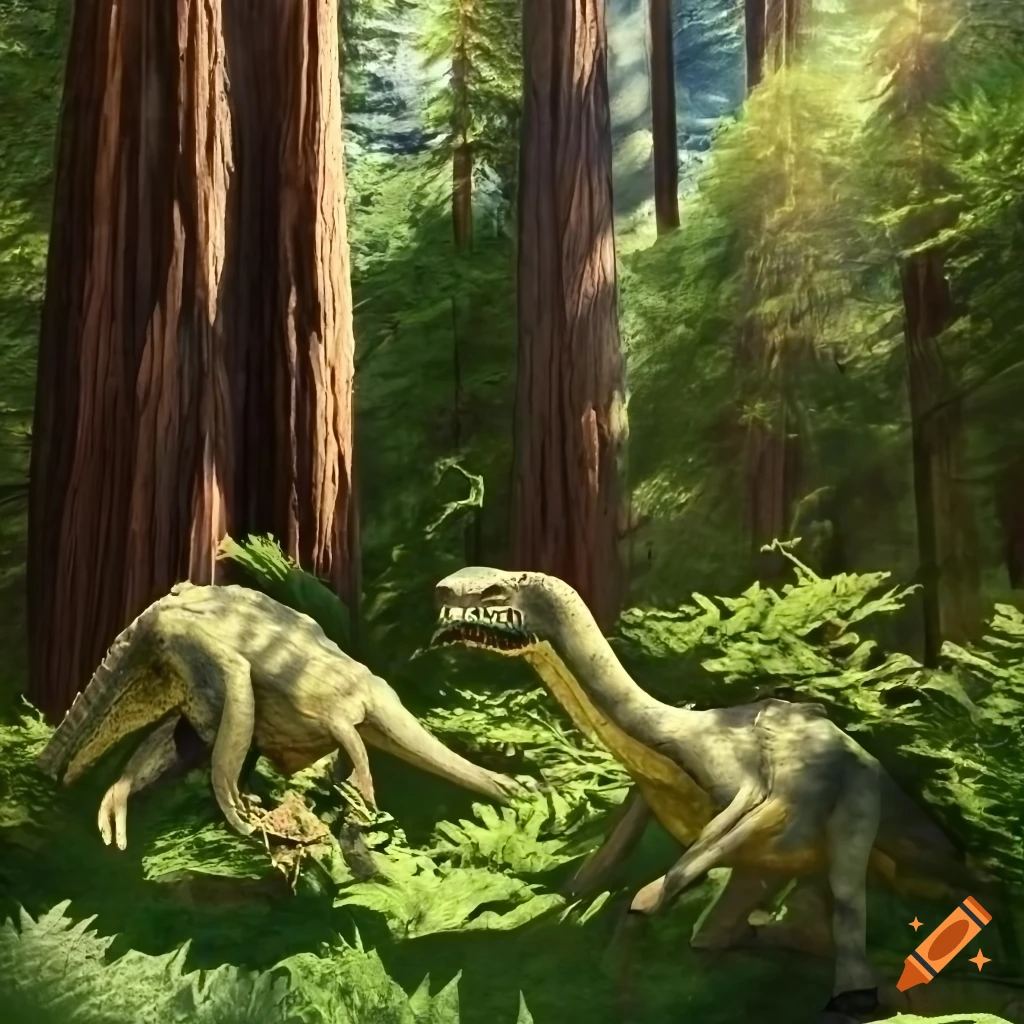 Hadrosaurus dinosaurs in a sunny fern-covered clearing with fallen ...