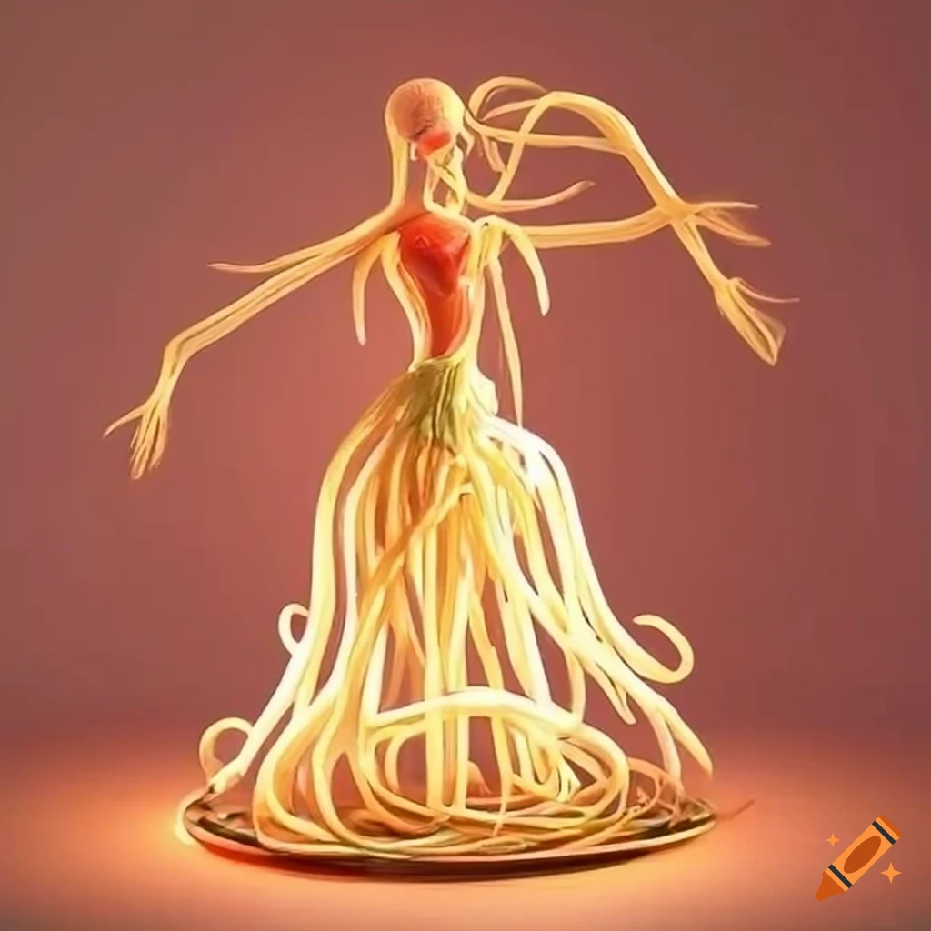Whimsical scene with human-like figure made of spaghetti dancing on a ...