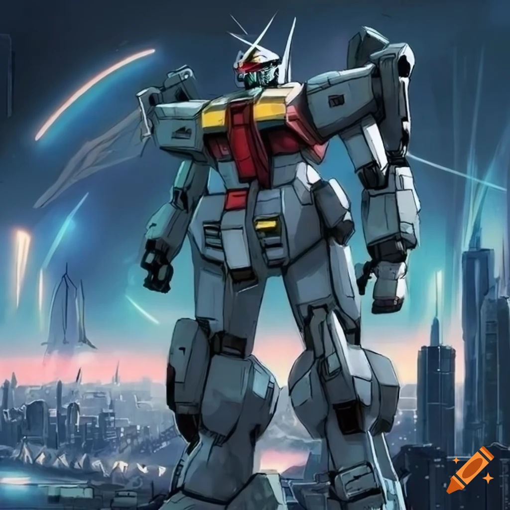 Detailed artwork of a gundam mech in a futuristic cityscape with a ...