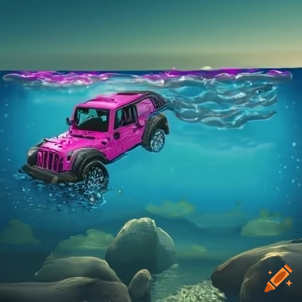 Pink jeep wrangler at the bottom of a sea canyon with bubbles rising to ...