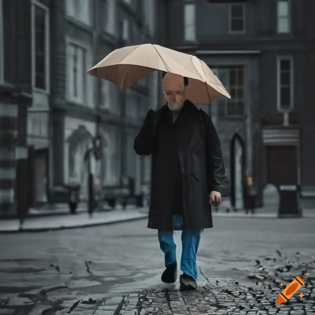 Bald old man in black turtleneck and beige raincoat walking with ...