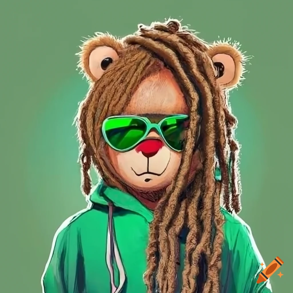 Teddy bear with dreadlocks, green sunglasses, and jamaica hoody on Craiyon