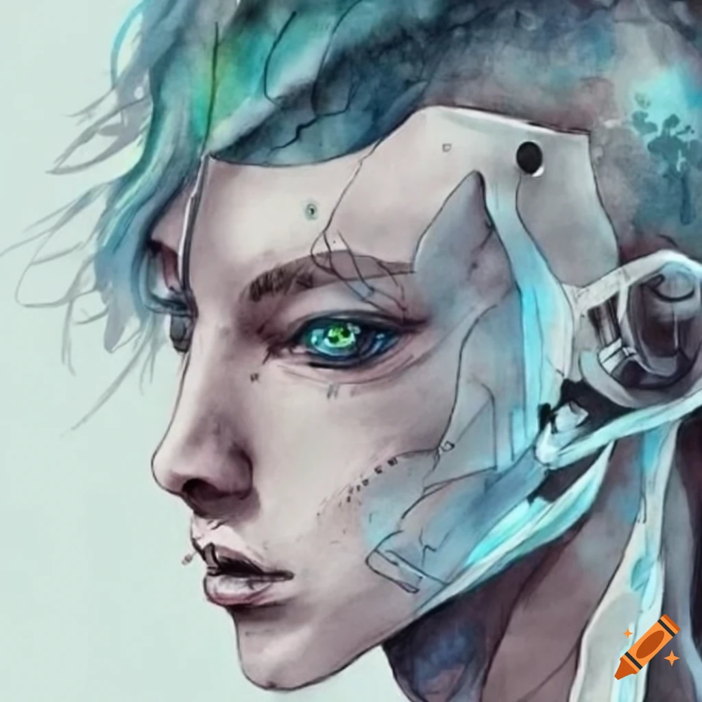 Young male cyborg in white high-tech bodysuit with light cyan hair in ...