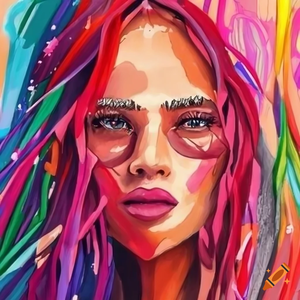 Group of women in varied attire with pink and red colors in pencil ...