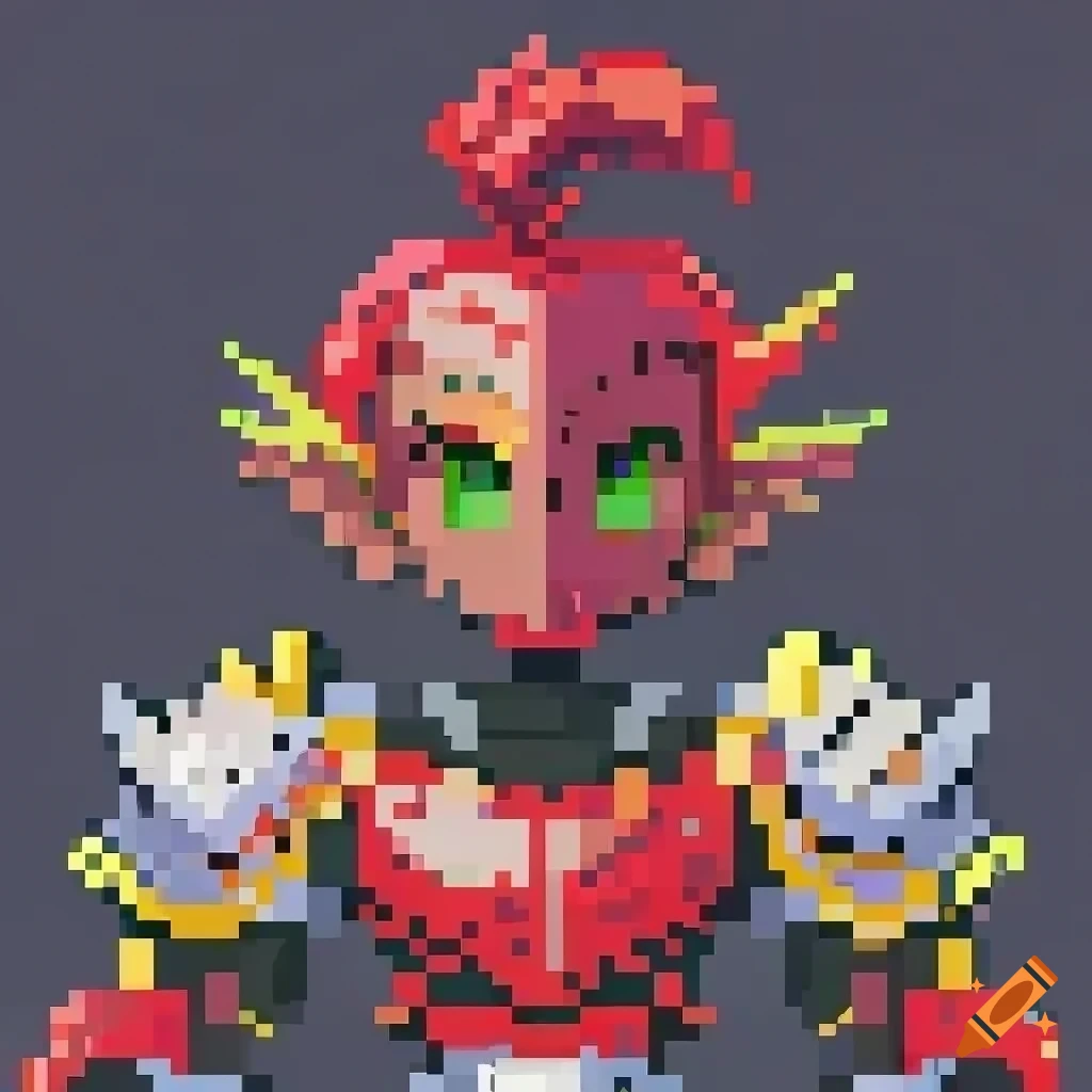 Pixel art of Etna in Undyne's armor in a crossover design on Craiyon