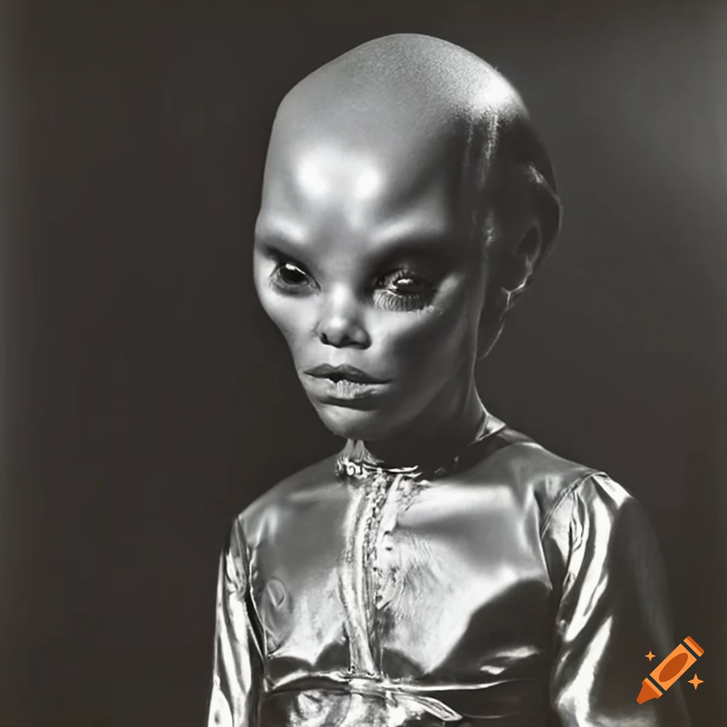 Human-like alien in a shiny jumpsuit reminiscent of 1950s sci-fi movies ...