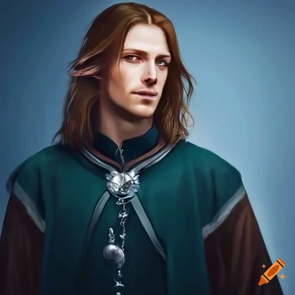 Portrait of a handsome elf-man with green garb and silver accessories ...