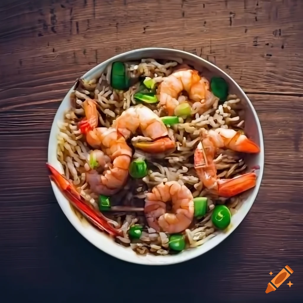 Chinese prawn rice with spring onions and cabbage in schezwan sauce on ...